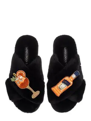 LAINES LONDON Classic Slippers With Brooches - Black