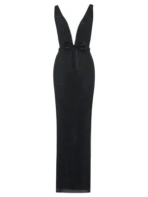 MISS CIRCLE NEW YORK Olympia Belted Bow Plunging Rhinestone Maxi Dress - Black