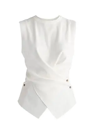 PAISIE Crew Neck Wrap Front Knit Top - White