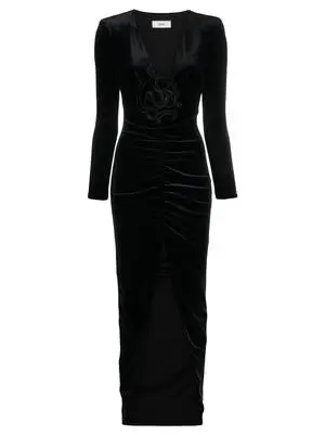 NISSA Floral-detailing Velvet Maxi Dress - Black