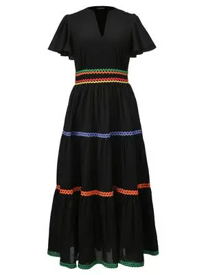 SMART AND JOY Contrasted Trims Tiered Panel Maxi Dress - Black