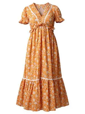 ECHO OF PINK Printed V-neck Midi Dress - Orange