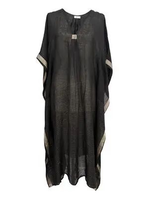 JOSHI V-neck Linen Kaftan With Metallic Border - Black