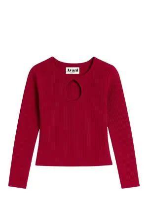 AVANI APPAREL Ribbed Long Sleeve Top With Keyhole Neckline - Red