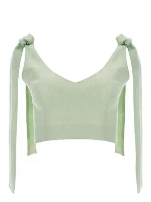 LITA COUTURE Linen Crop Top With Bow Straps - Green