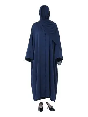 ASHITA FERNANDES Satin Blend Front Open Abaya With Embroidered Sheila Set - Blue