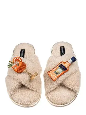 LAINES LONDON Neutral Boucle Slippers With Summer Spritz Brooches - Brown