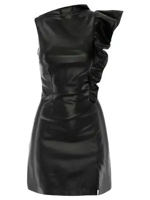 AVENUE N°29 Eco Leather Asymmetrical Mini Dress With Ruffle - Black