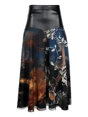 LALIPOP DESIGN Layered Floral Tulle Midi Skirt With Vegan Leather Waistband - Black