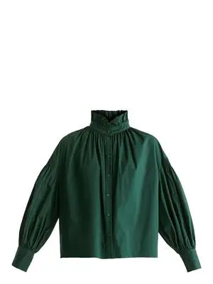 PAISIE Puff Sleeve Shirt With Ruffled Collar - Green