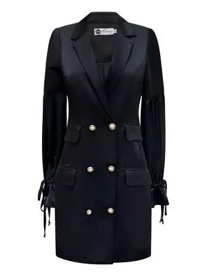 WHY MARY Double-breasted Satin Coat Dress - Black