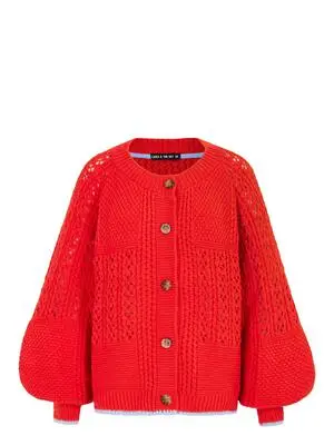 CARA & THE SKY Brigit Pointelle Stitch Balloon Sleeve Cardigan - Orange