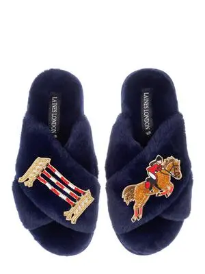 LAINES LONDON Laines London Classic Slippers With Show Jump Horse Brooches Blue