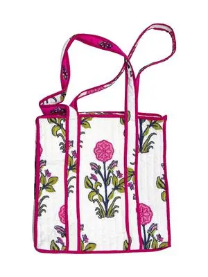 INARA Rosette Bloom Cotton Tote Bag - Green/pink