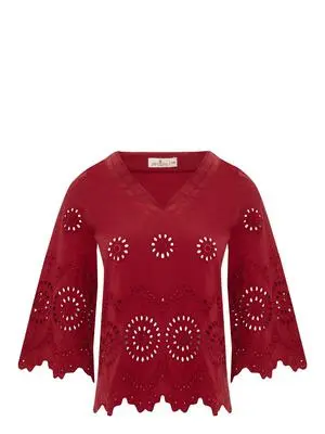 PERALUNA Hiromi V-neck Bell Sleeve Blouse - Red