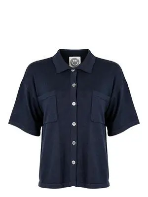 ZENZEE Silk Cashmere Boyfriend Short Sleeve Polo Shirt - Blue