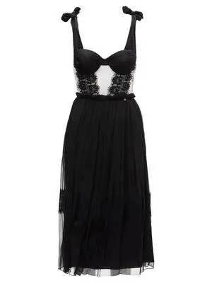 NISSA Lace Insert Silk Midi Dress - Black