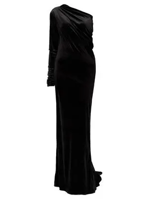 LIA ARAM Asymmetric Velvet Gown With Train - Black