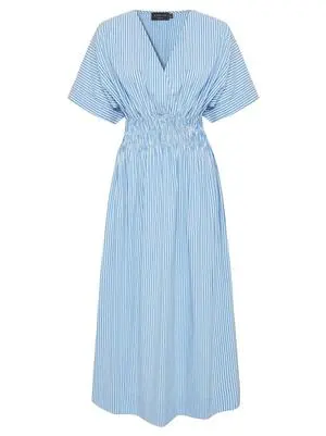 EXQUISE Drawstring Waist Batwing Sleeve Midi Dress - Blue