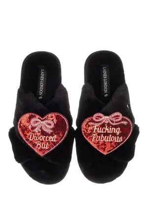 LAINES LONDON Classic Faux Fur Slippers With Brooches - Black