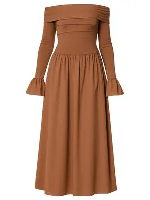 MODISTA THIRTY-ONE Off-shoulder Drop Waist Midi Dress With Puff Sleeves - Brown