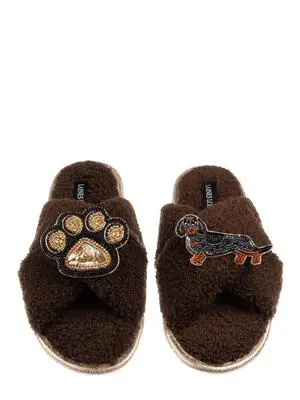 LAINES LONDON Boucle Slippers With Paw & Dapple Dachshund Brooches - Brown
