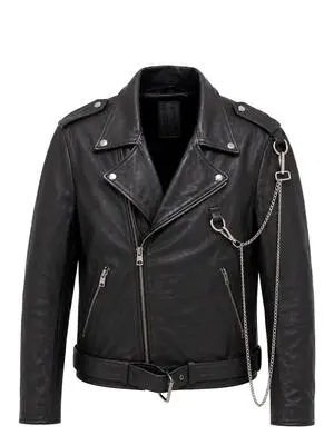 ZASTASTUDIO Leather Biker Jacket With Metal Chain Detail - Black
