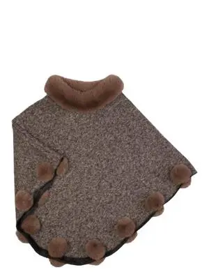 Saachi Faux Fur Pom-pom Poncho - Brown