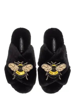 LAINES LONDON Classic Laines Slippers With Honey Bee Brooches - Black