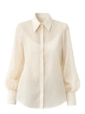 EXQUISE Regular Fit Sheer Balloon Sleeve Shirt - Beige