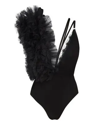 LIA ARAM Lace Asymmetric Ruffled Bodysuit - Black