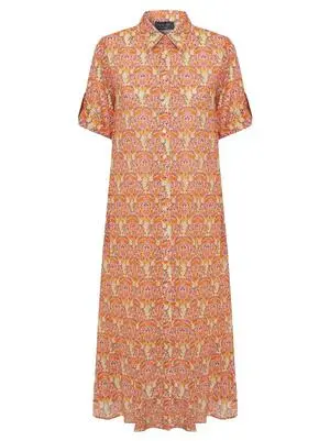 EXQUISE Shirt Collar Midi Dress - Orange/pink/white/yellow
