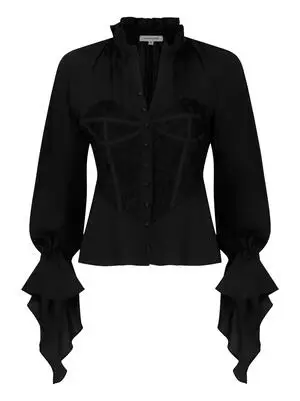CAVANAGH BAKER Corset Button-down Raglan Long Sleeve Blouse - Black