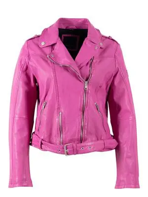 Mauritius Belted Leather Biker Jacket - Pink