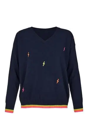 AT LAST... Cashmere Blend V-neck Striped Sweater - Blue