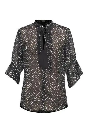 SMART AND JOY Polka Dots Tulip Sleeves Chiffon Blouse - Black