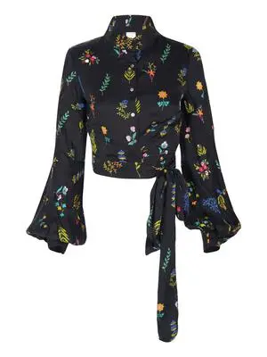 EM & SHI Midnight Botanica Tie-up Blouse - Black