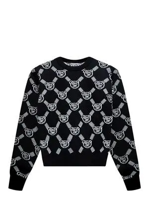 X ILONA BLUE Graffiti Teddy Bear Reversible Jacquard Knit Sweater - Black/white