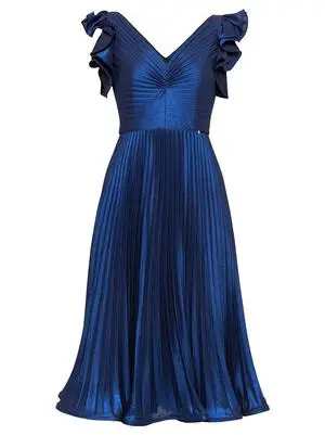 NISSA Pleated V-neck Midi Dress - Blue