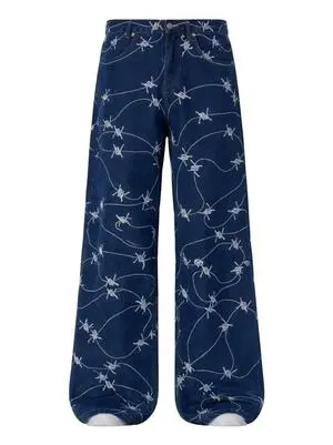 BORN IN EXILE Embroidered Denim Wide Leg Pants