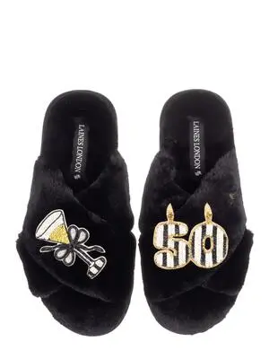 LAINES LONDON Classic Faux Fur Slippers With Brooches - Black