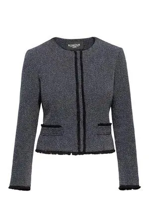 RUMOUR LONDON Eleanor Tweed Jacket With Fringing Detail - Blue