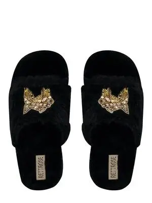 RETTROSE Diamanté Embellished Plush Slippers - Black