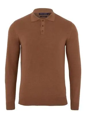 PAUL JAMES KNITWEAR Cotton Hall Long Sleeve Knitted Polo Shirt Camel - Brown