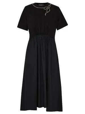 EXQUISE Regular Embroidered Collar Cotton Midi Dress - Black