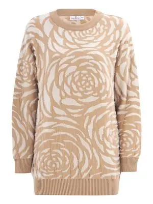 PERALUNA Rose Patterned Knit Fluffy Crew Neck Sweater - Brown
