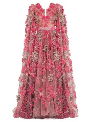 MATSOUR'I Hortensia Floral Appliqué Midi Dress With Detachable Sleeves - Orange