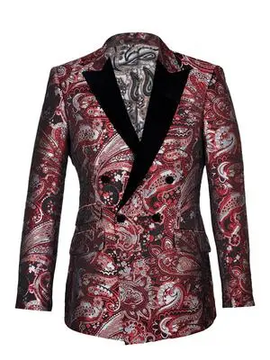 DAVID WEJ Kensington Double Breasted Peak Lapel Jacquard Blazer - Red