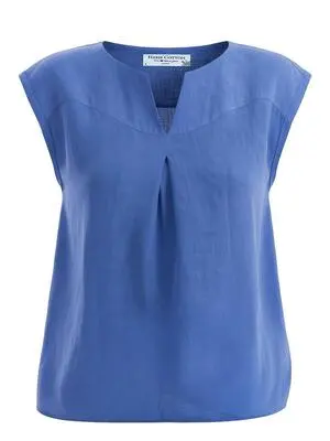 Haris Cotton Linen Short Sleeve Blouse With Front Pleat - Blue