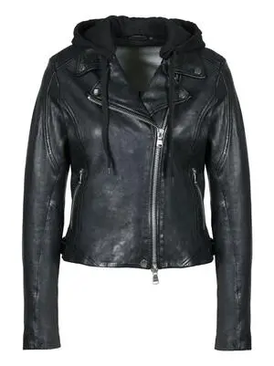 FREAKY NATION Leather Biker Jacket With Detachable Hood - Black